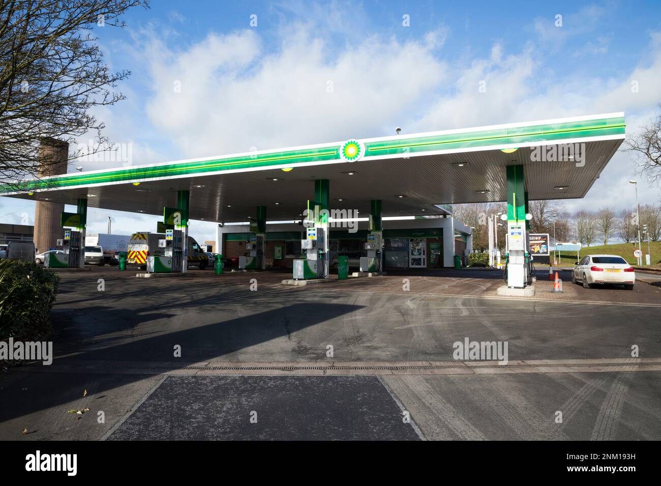 BP British Petroleum fuel petrol station forecourt with pumps at ...