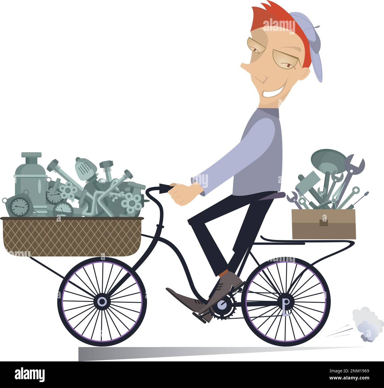 Cartoon cheerful mechanic with replacement components and tools is ...