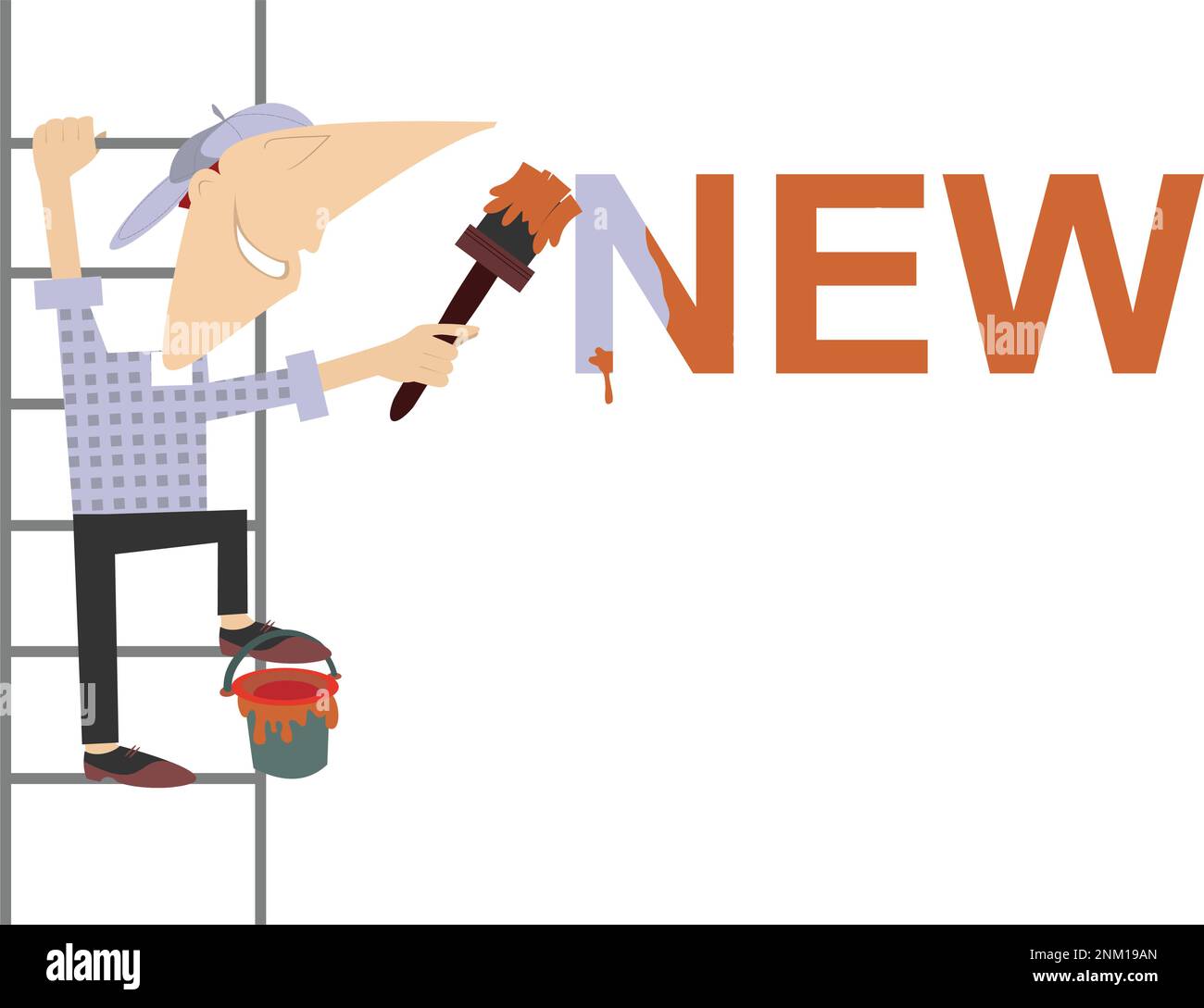 Cartoon painter refreshes inscription. Cartoon worker climbs on the ...