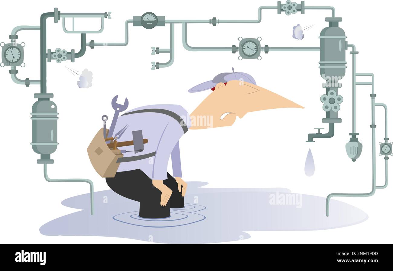 Breakdown. Comic mechanic repairs pipe construction to stop water flow ...