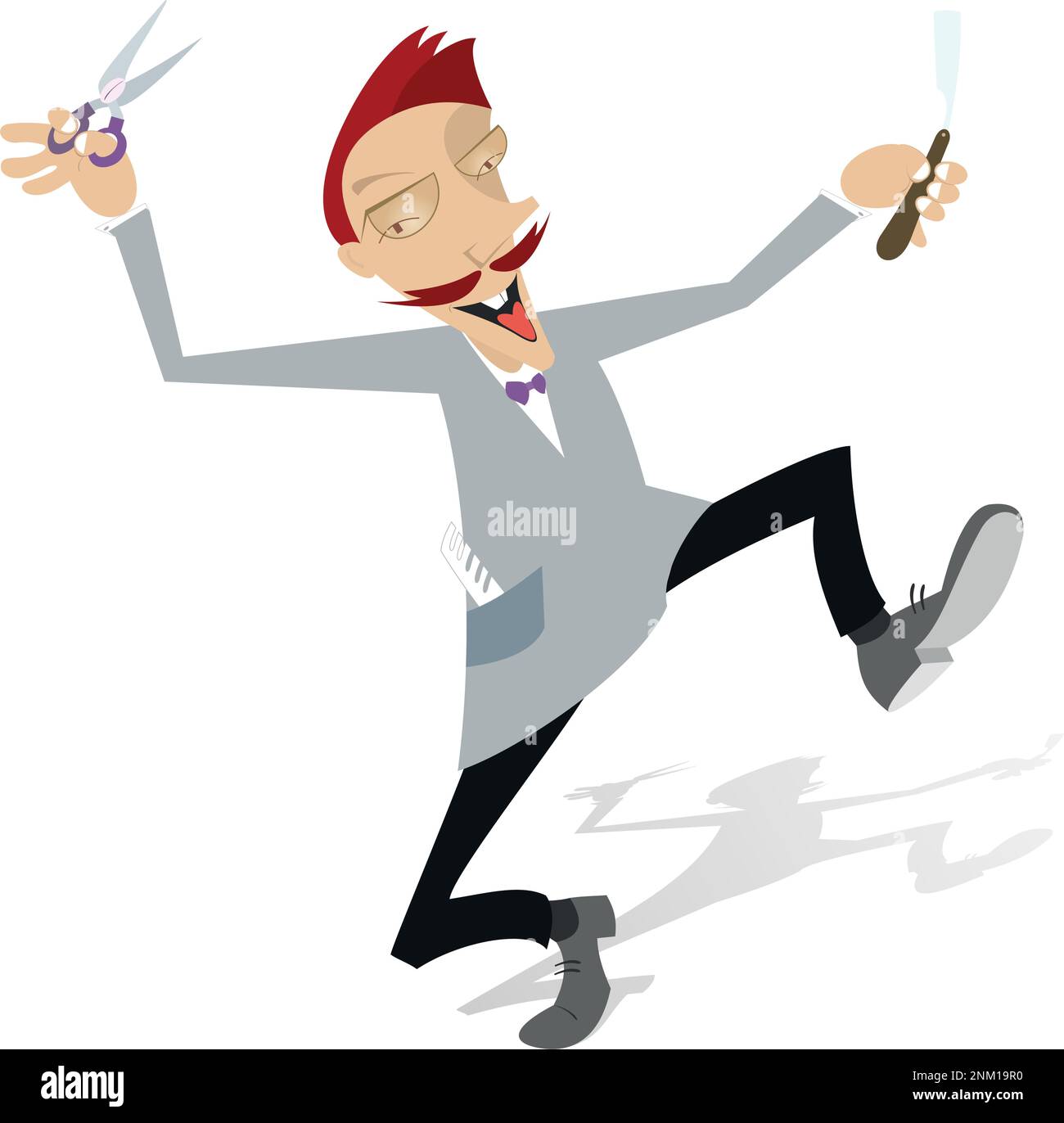 Funny cartoon barber with scissors and razor illustration. With a ...