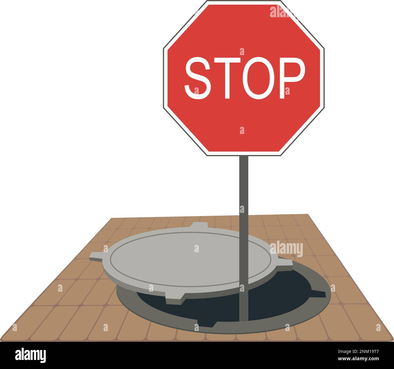 Sign board “Stop” warning about open sewer manhole. Sign board “Stop ...