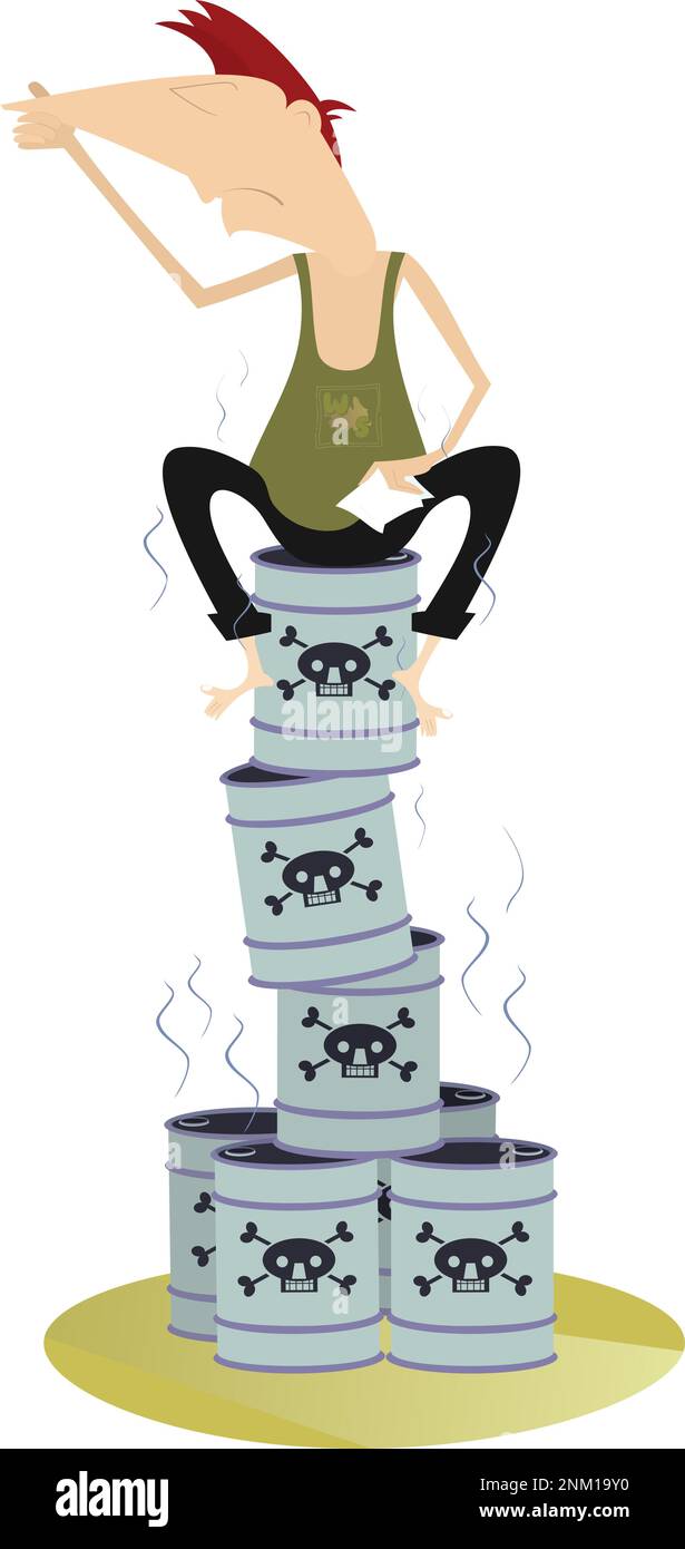 Toxic substance. Man sitting on the barrels with toxic substance and ...