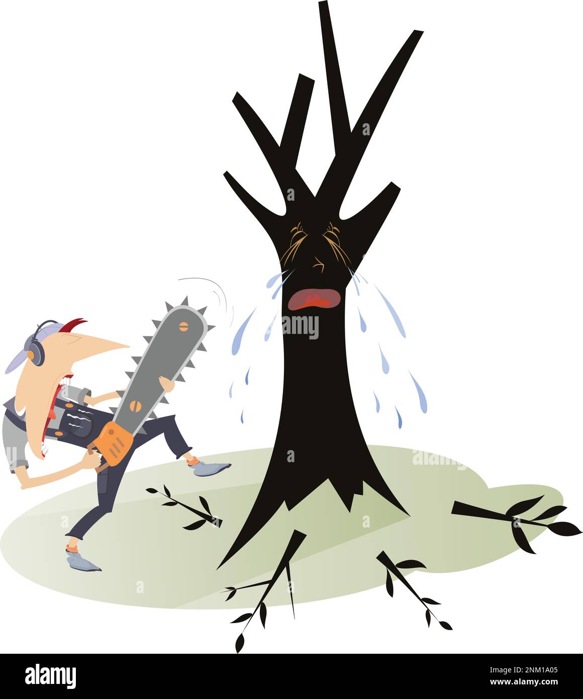 Man with chainsaw and crying tree illustration. Man with chainsaw cuts ...
