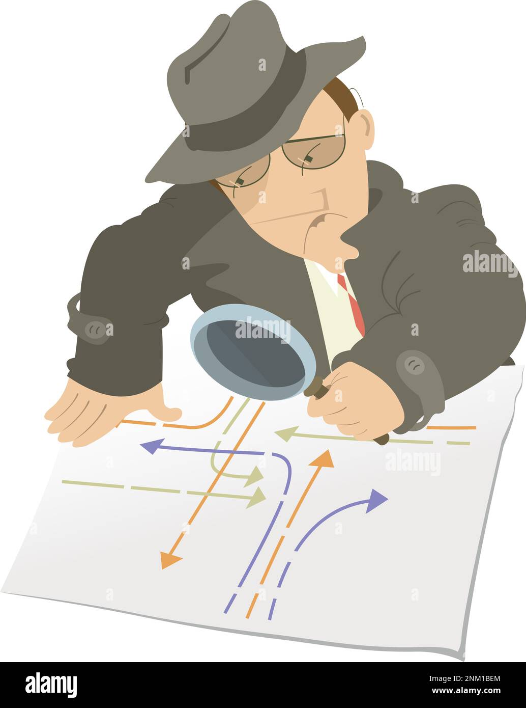 Detective in the hat is examining a document using a magnifying glass ...