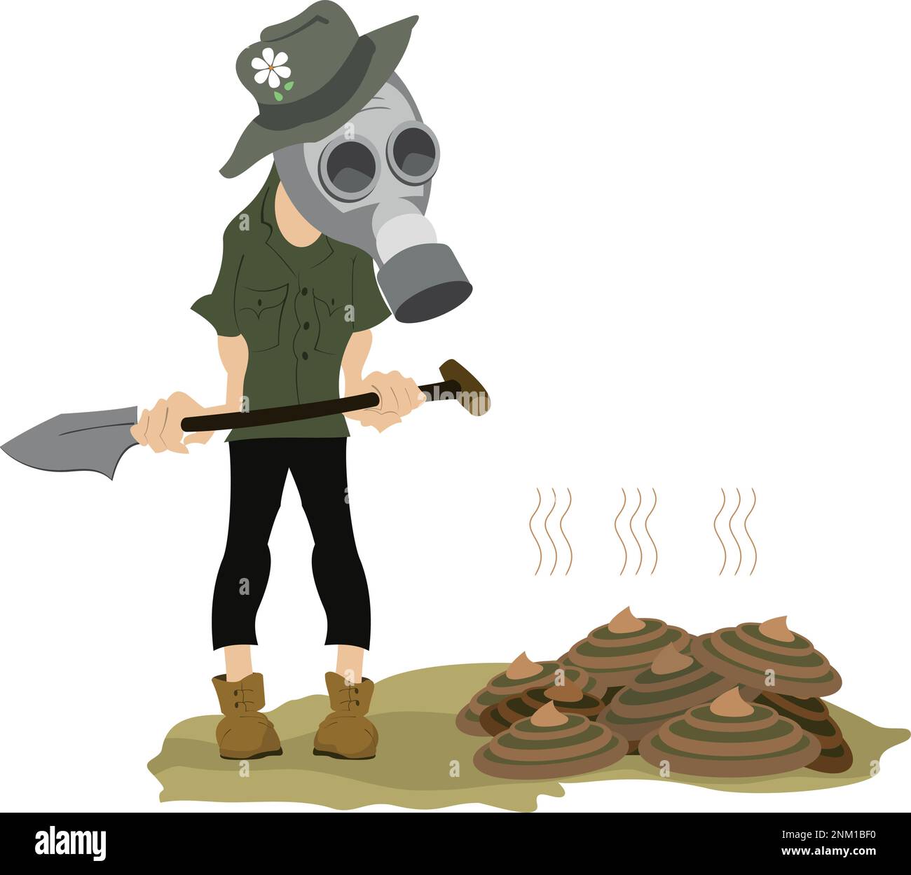 Man in the gas mask, spade and dunghill illustration. Farmer in the gas ...