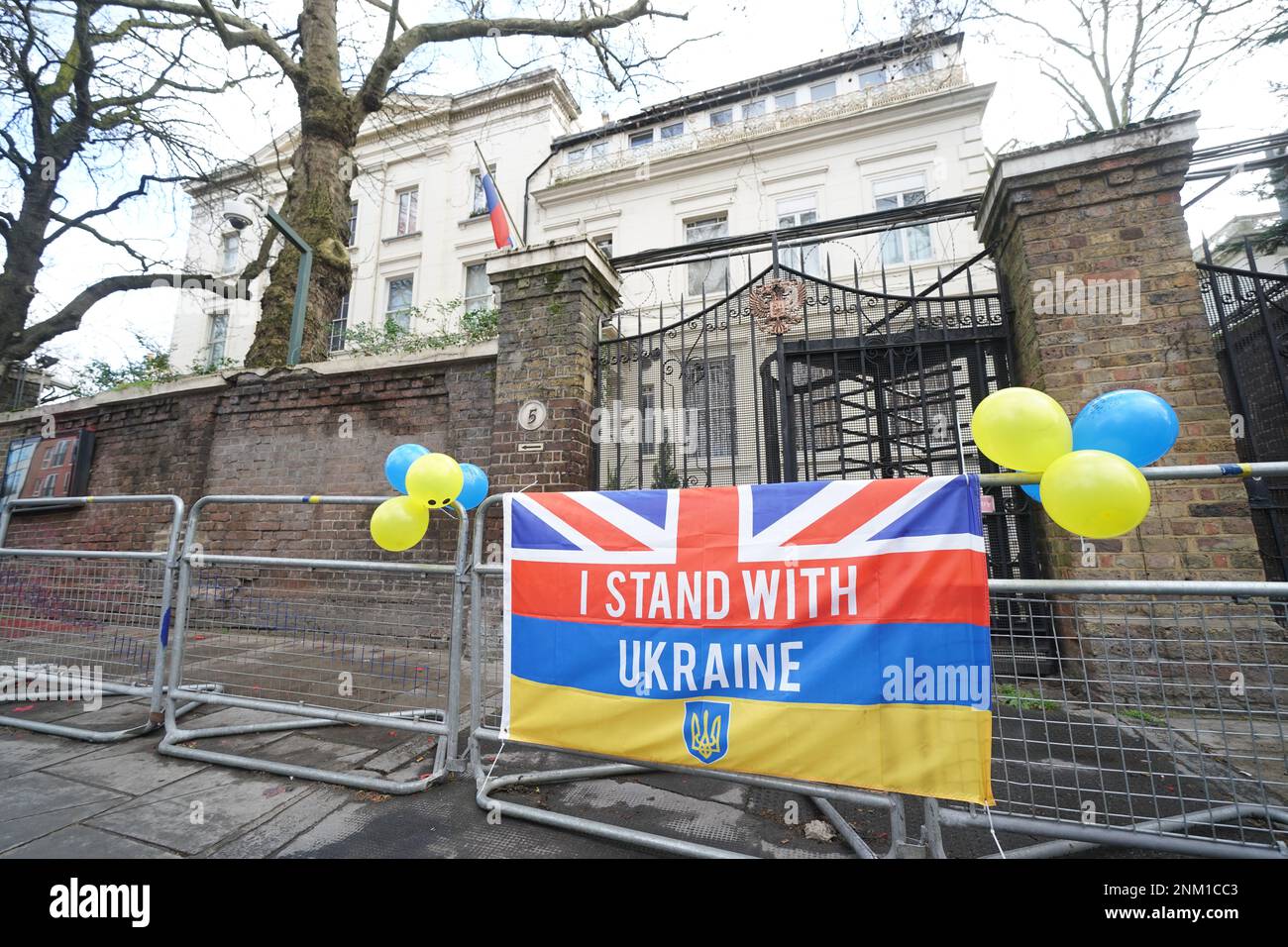 A flag outside the Russian Embassy in London left to mark the first ...