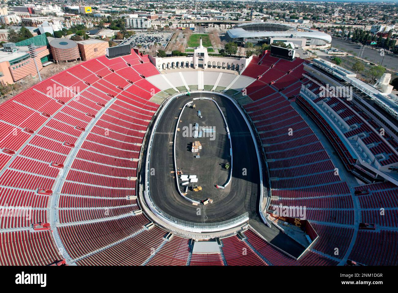 An aerial view of the construction of a temporary asphalt racetrack at ...