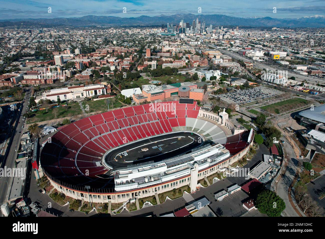 An aerial view of the construction of a temporary asphalt racetrack at ...