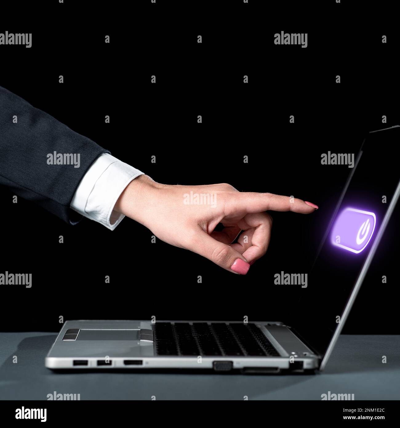 Finger pointing to laptop screen with important technology news ...