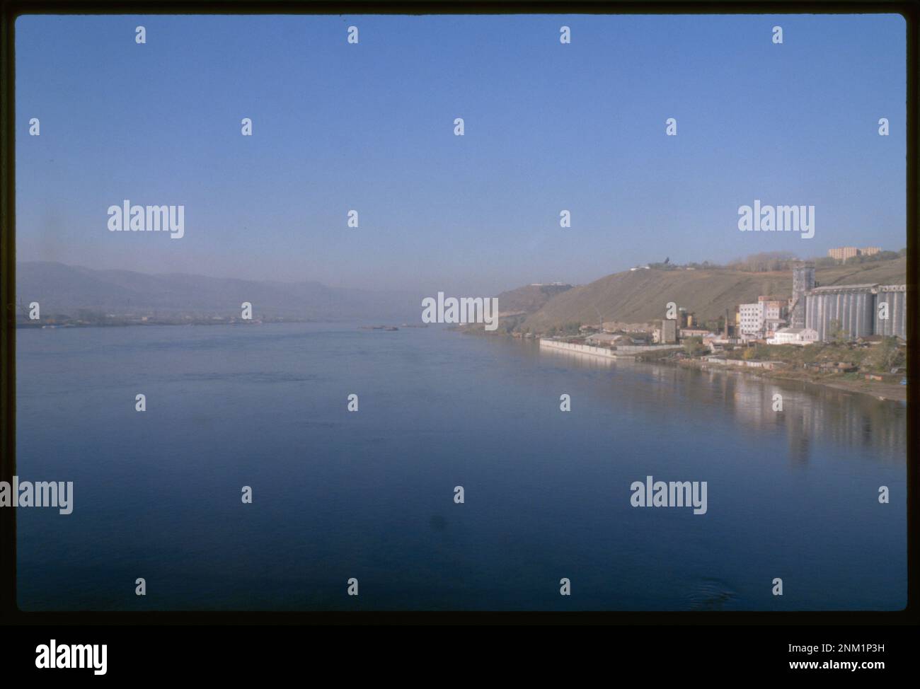 This southward view from a railroad bridge across the Enisei River in ...