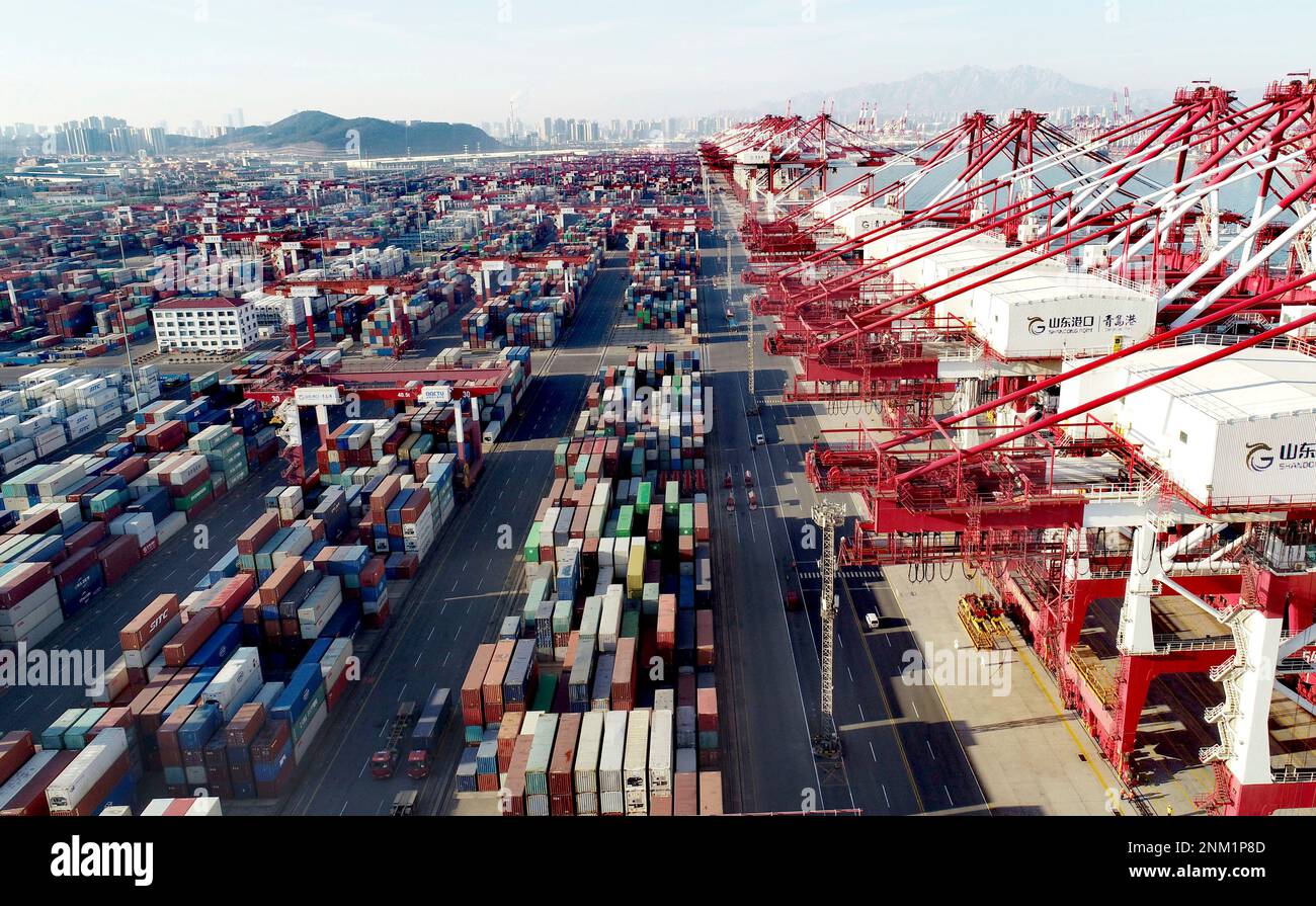 An aerial view of a container dockyard in Qingdao in east China's ...