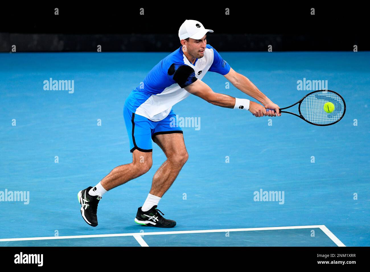 SYDNEY, AUSTRALIA - JANUARY 13: Aslan Karatsev of Russia plays a ...