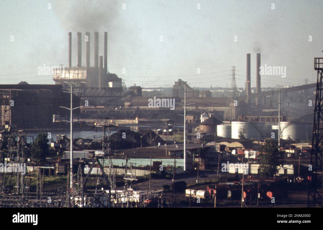 1970s America: Dearborn skyline. Ford River Rouge plant in background ...