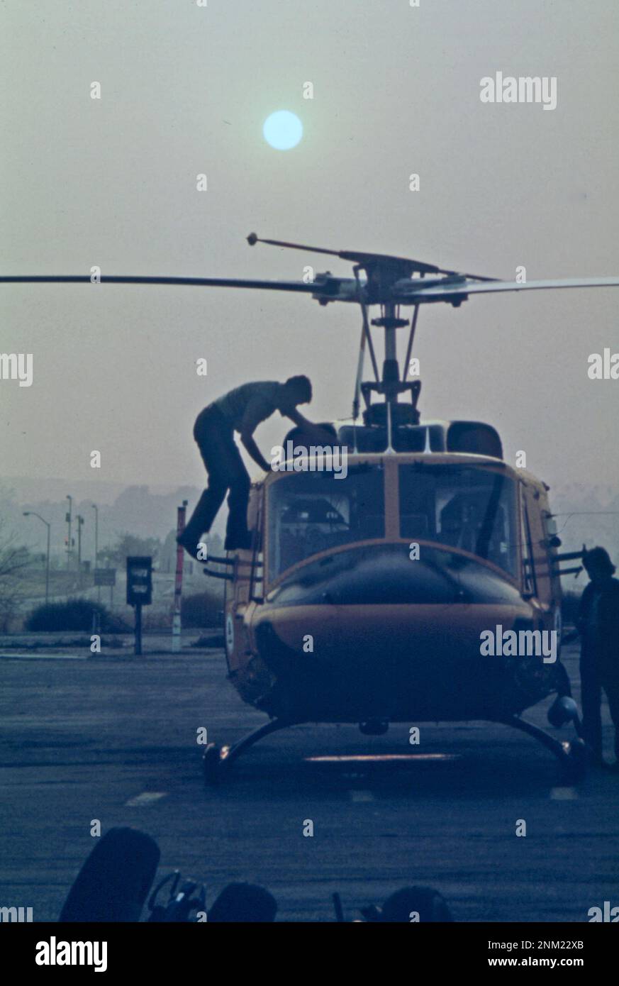 1970s United States: Roy evans, in command of EPA helicopter operations ...