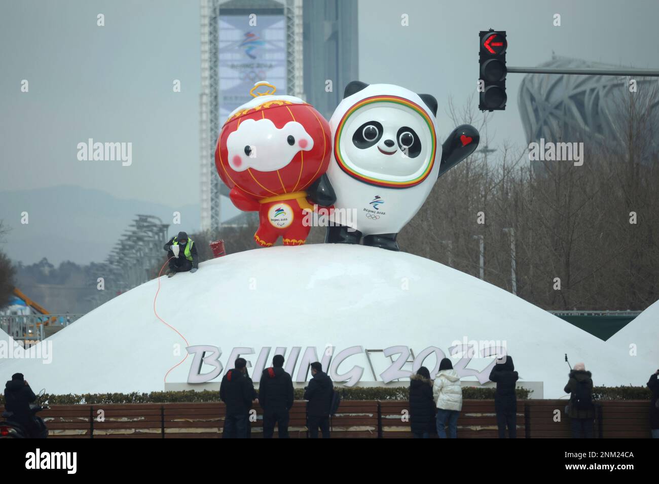 Statues of Bing Dwen Dwen, the Beijing 2022 Winter Olympic Mascot, and Shuey Rhon Rhon, the 2022 ...