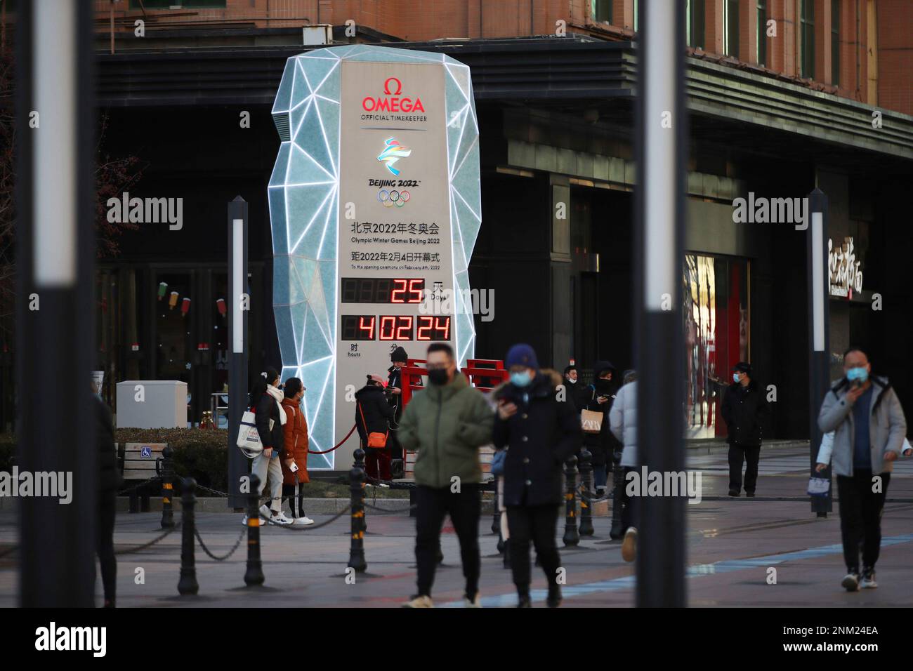 A Beijing Winter Olympics countdown clock is displayed at Wangfujing ...