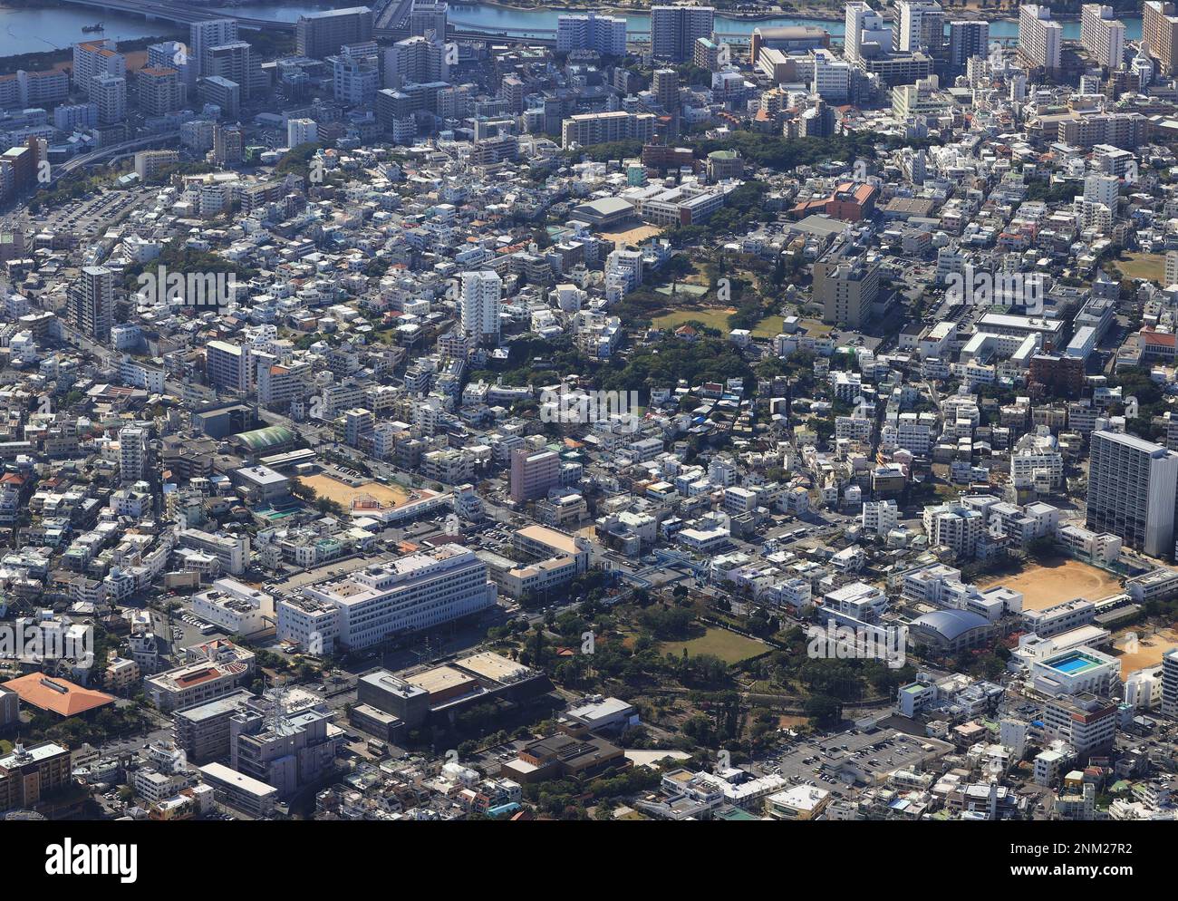 An aerial photo shows residential town in Naha City, Okinawa Prefecture ...