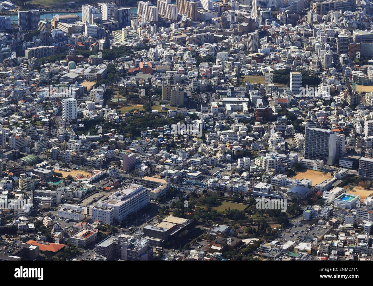An aerial photo shows residential town in Naha City, Okinawa Prefecture ...