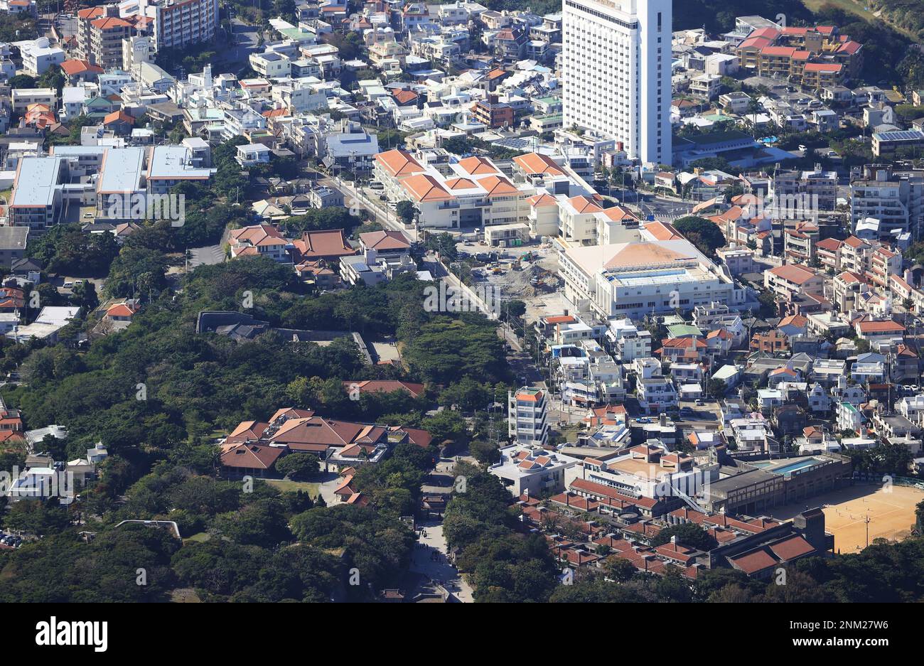 An aerial photo shows residential town in Naha City, Okinawa Prefecture ...