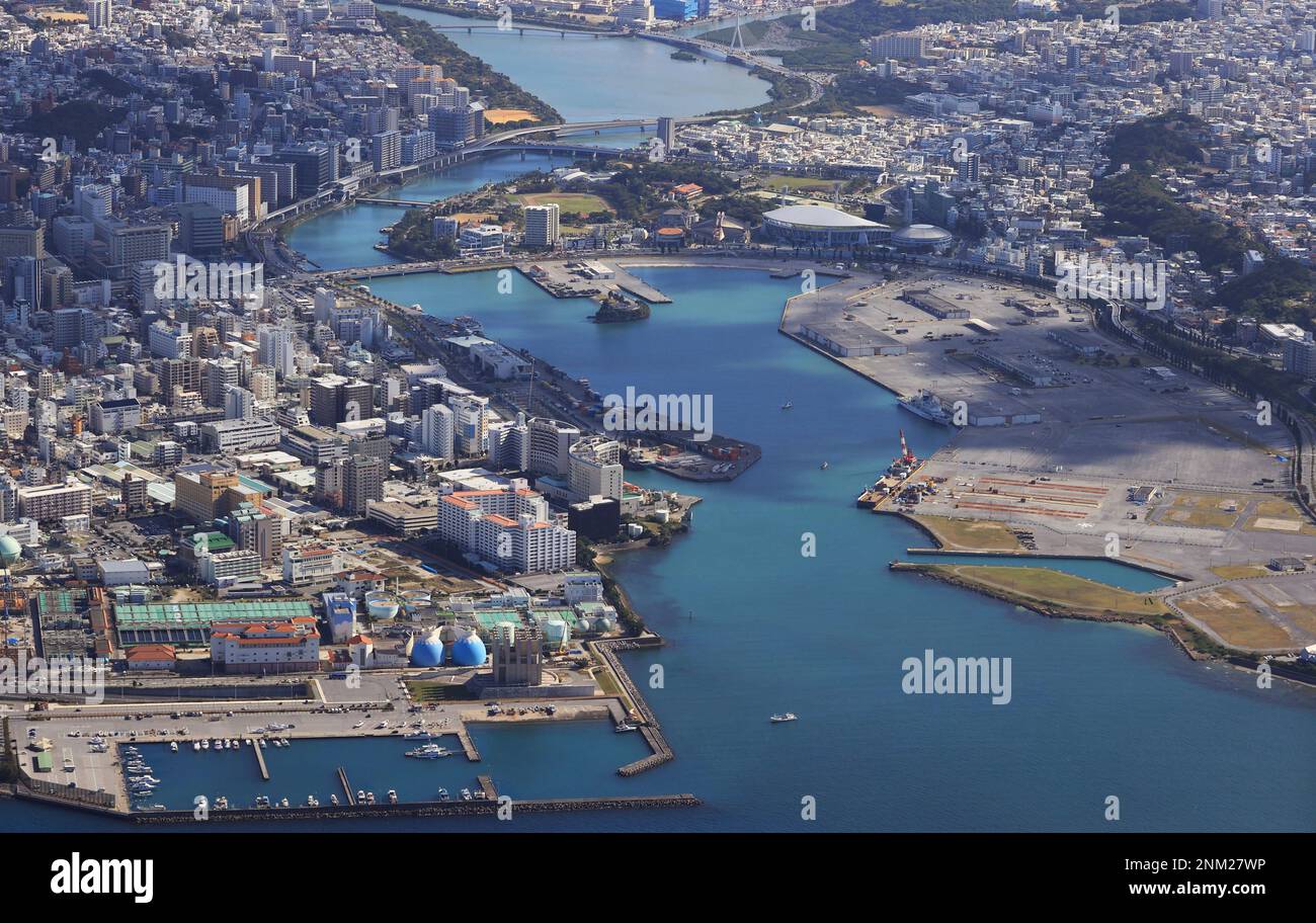 An aerial photo shows Naha Port in Naha City, Okinawa Prefecture on ...