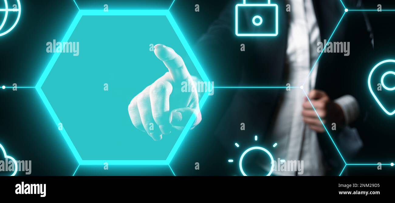 Lady In Suit Standing Pointing On virtual button. Showing Futuristic ...