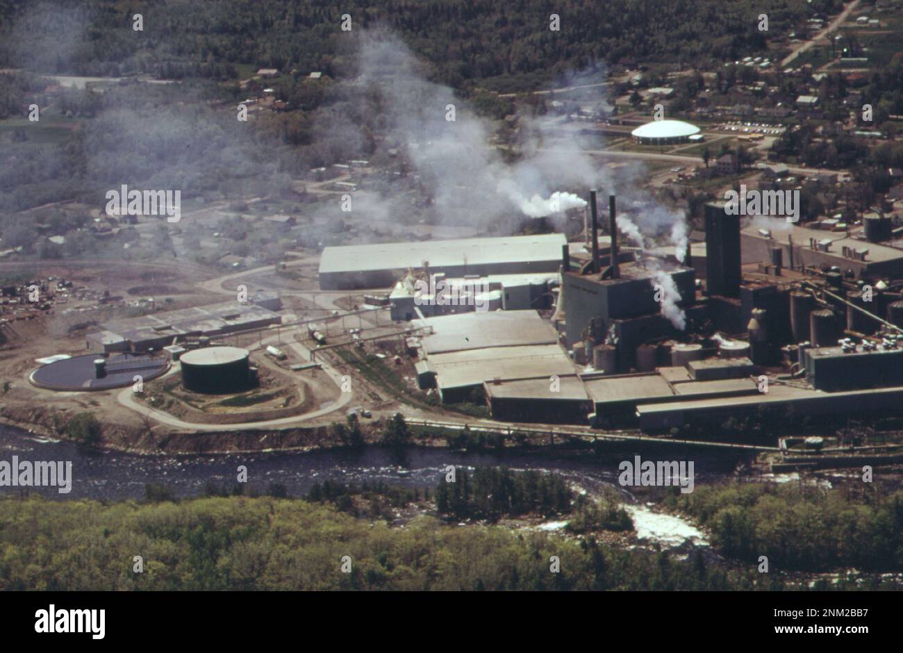 1970s United States: Aerial view of the Georgia Pacific paper plant ...