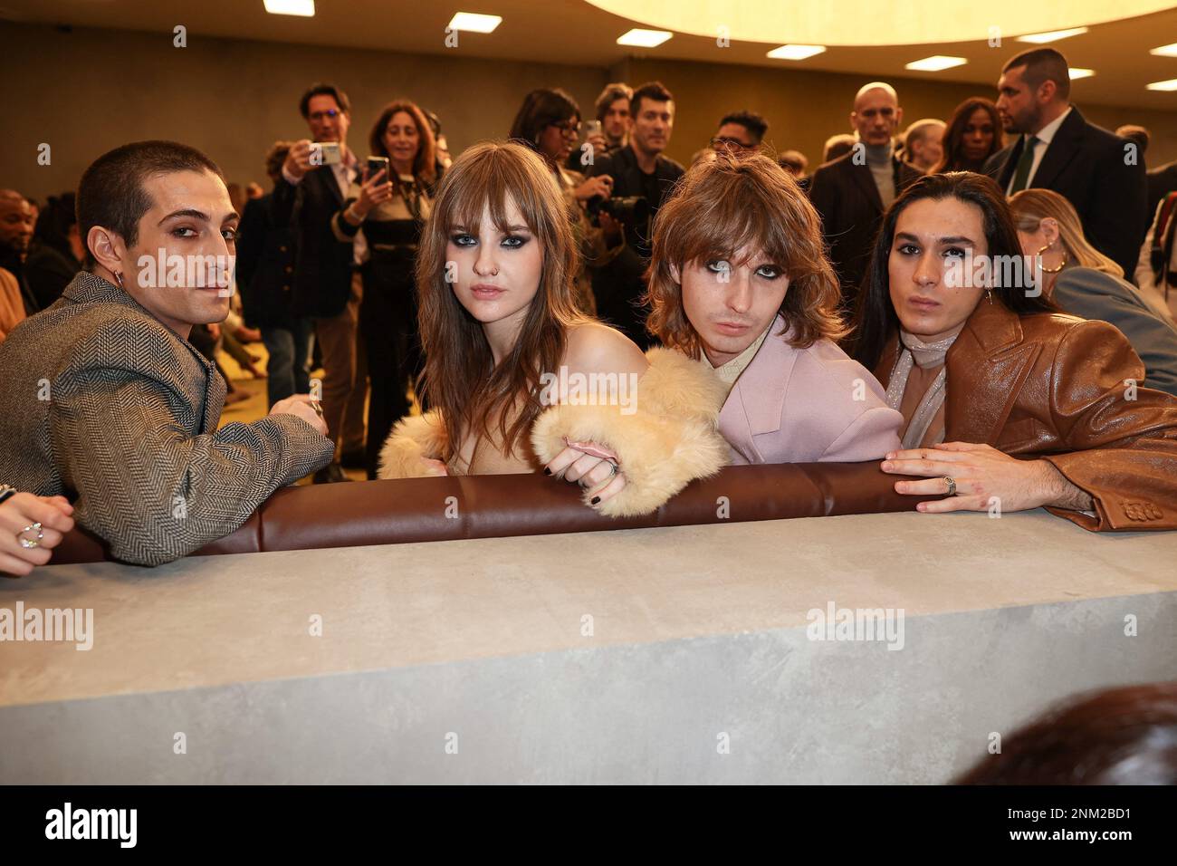 Milan, Italy, February 24, 2023. Maneskin Group (Damiano David, Victoria De Angelis, Thomas ...