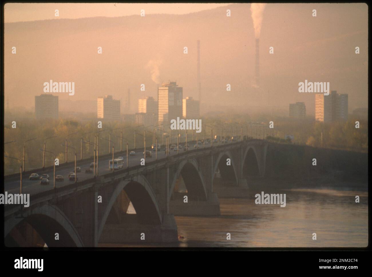 A sunrise view over eastern Krasnoiarsk, Russia, shows the Kommunalnyi ...