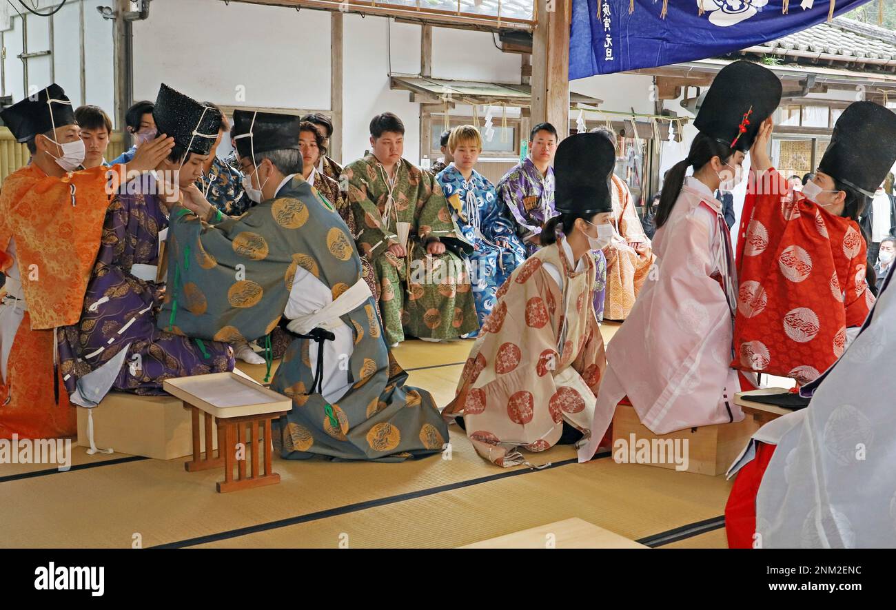 New adults preapare to wear eboshi hat and costume before attending ...
