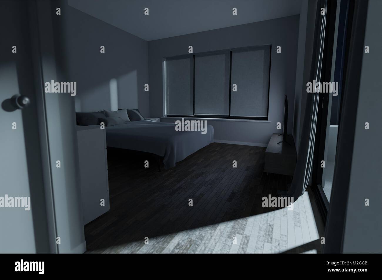 Modern master bedroom at night with moon light, 3d rendering. Digital ...