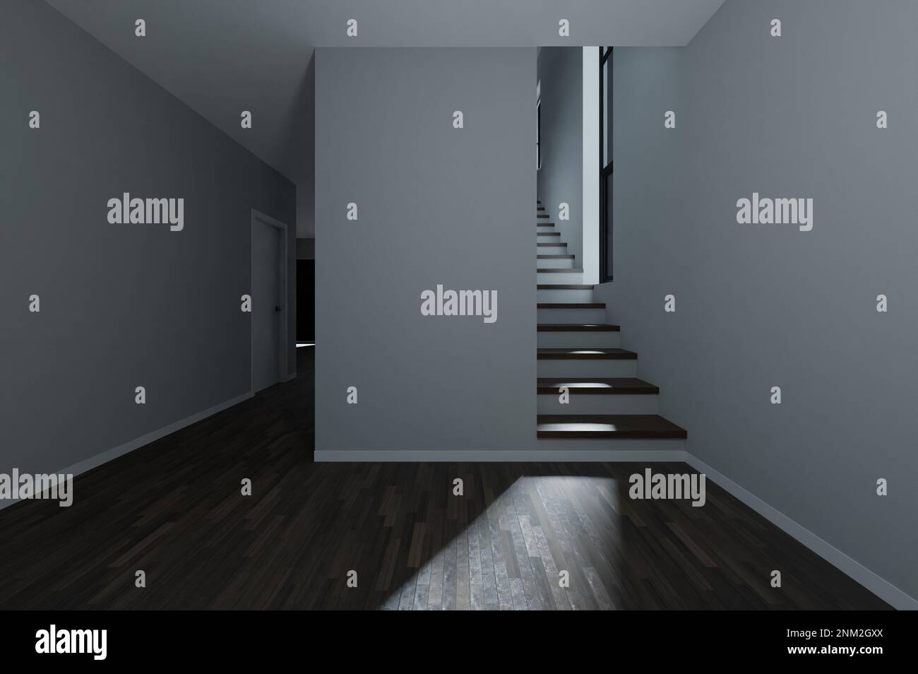 3d rendering of entrance hall at home, no furniture, night moonlight ...