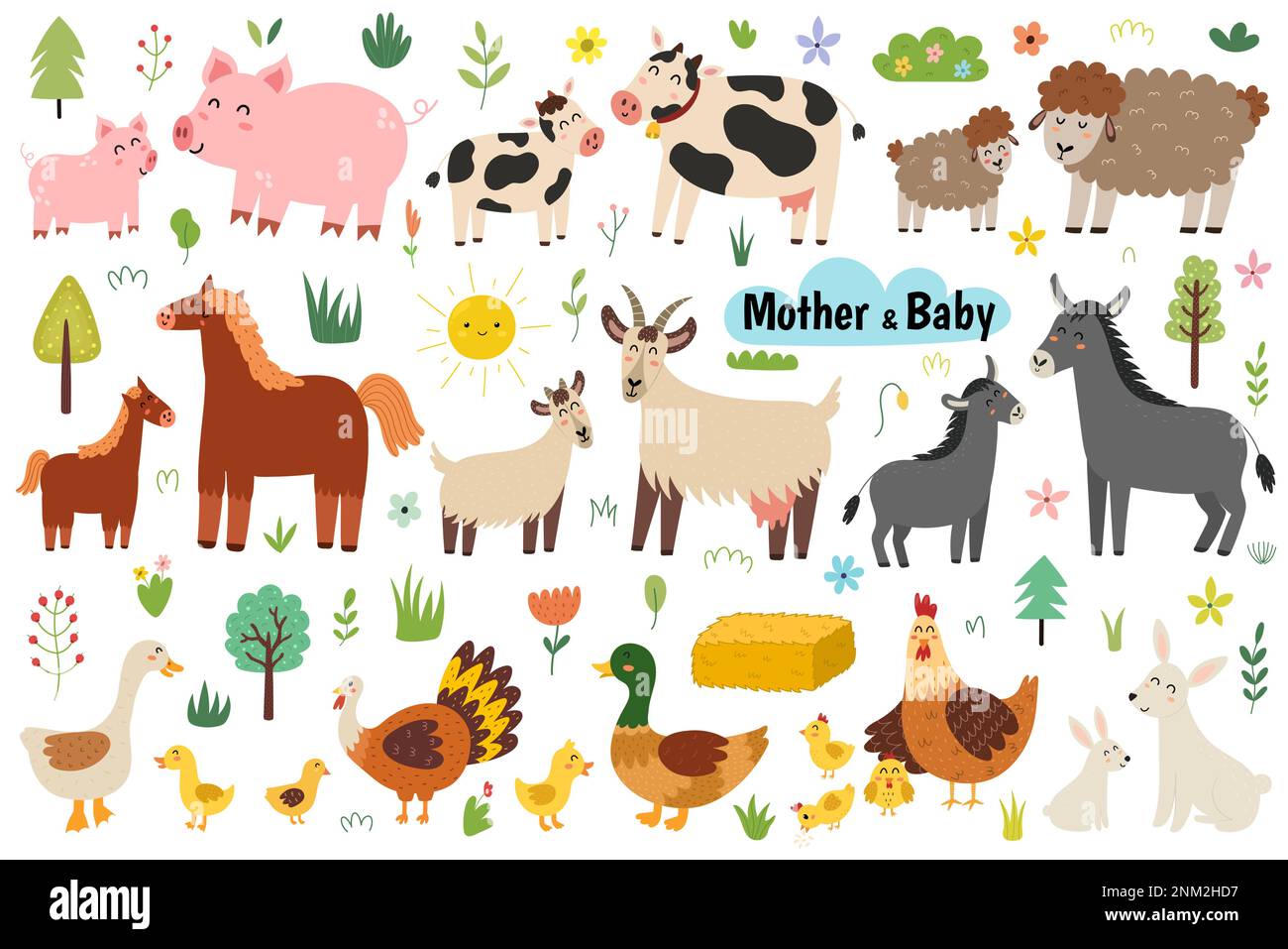Cute mother and baby farm animals set. Mother Day bundle with funny ...