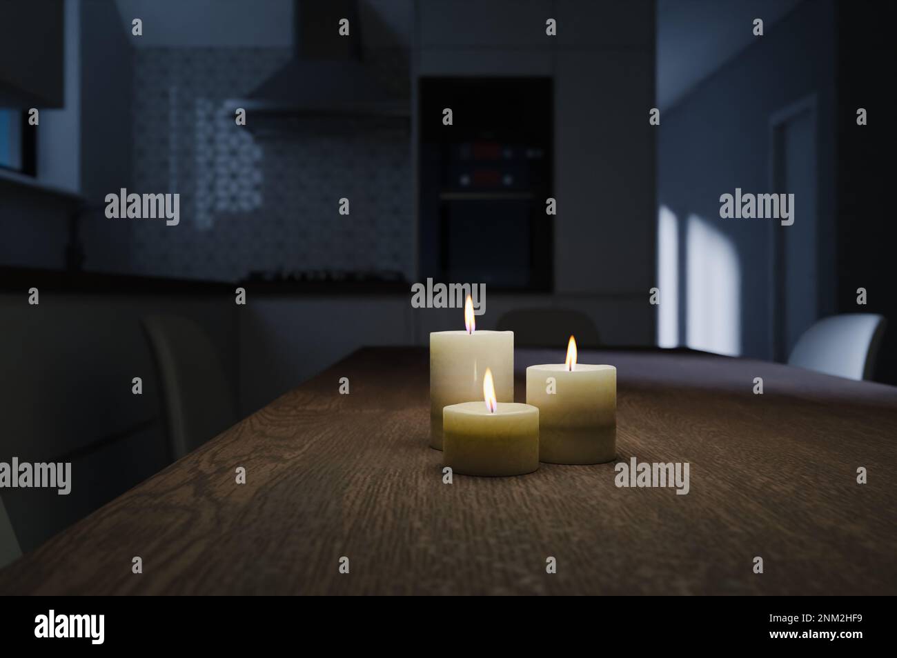 Generic kitchen interior at night with moon light and burning candles ...