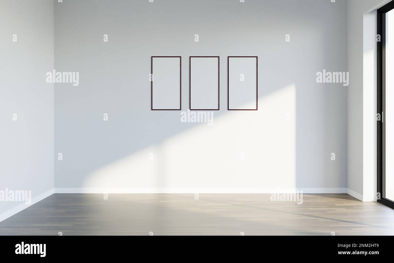 Generic background - empty living room with vertical photo frames, 3d ...