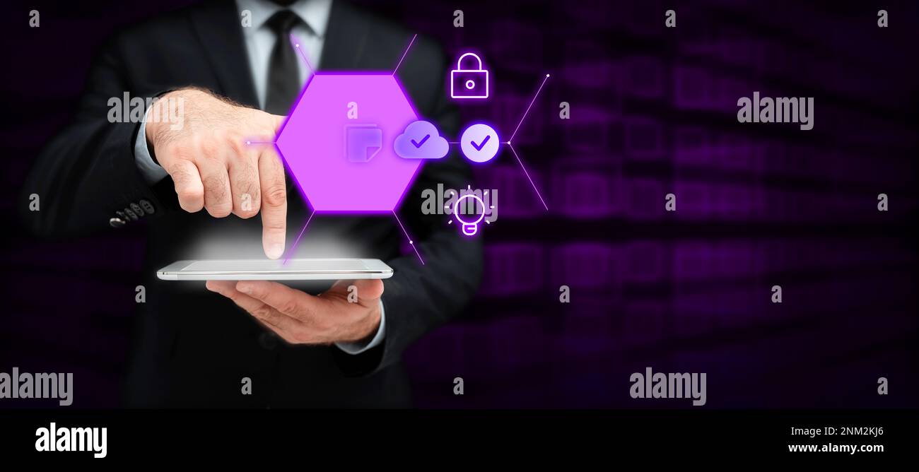 Man In Office Uniform Standing Pressing Virtual Button With Finger ...