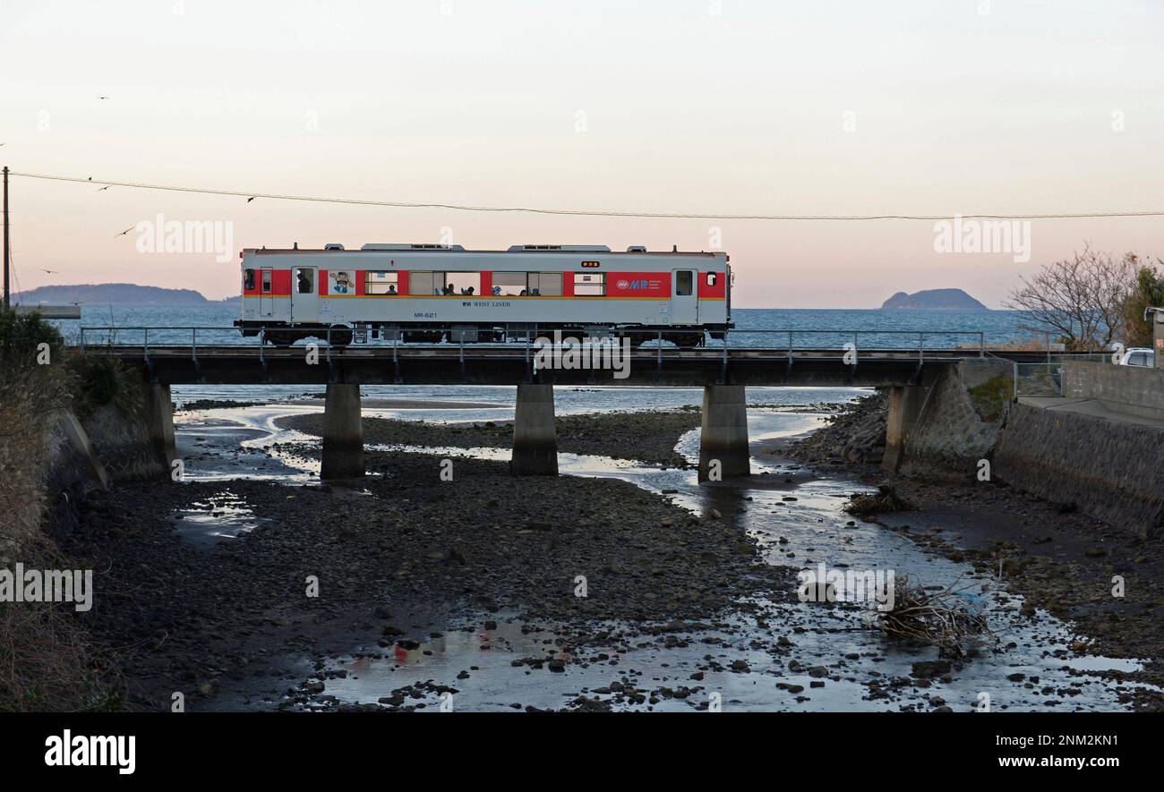 A train of Matsuura Tetsudo Railway runs in Matsuura City, Nagasaki ...