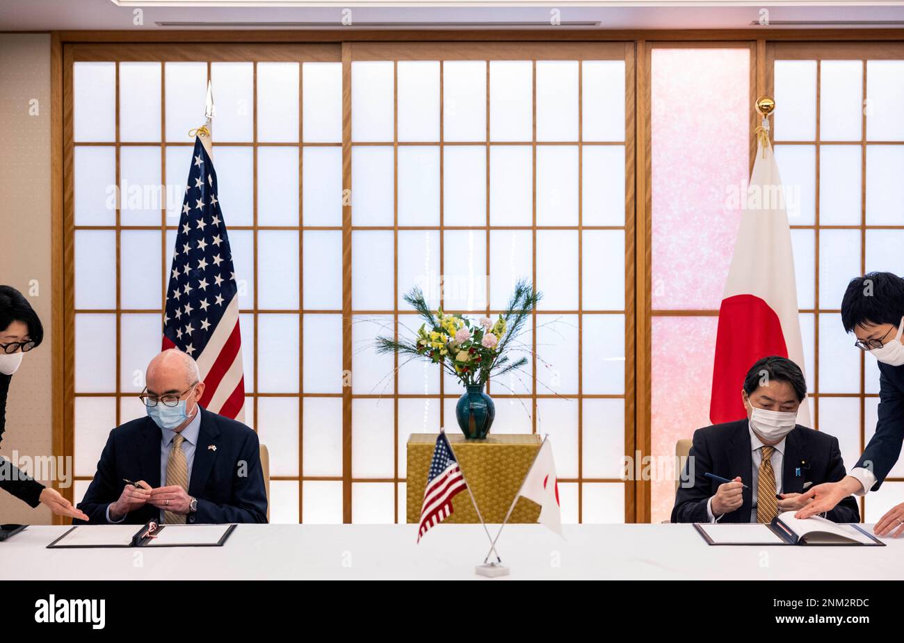 Japan's Foreign Minister Yoshimasa Hayashi, right, and Raymond Greene ...