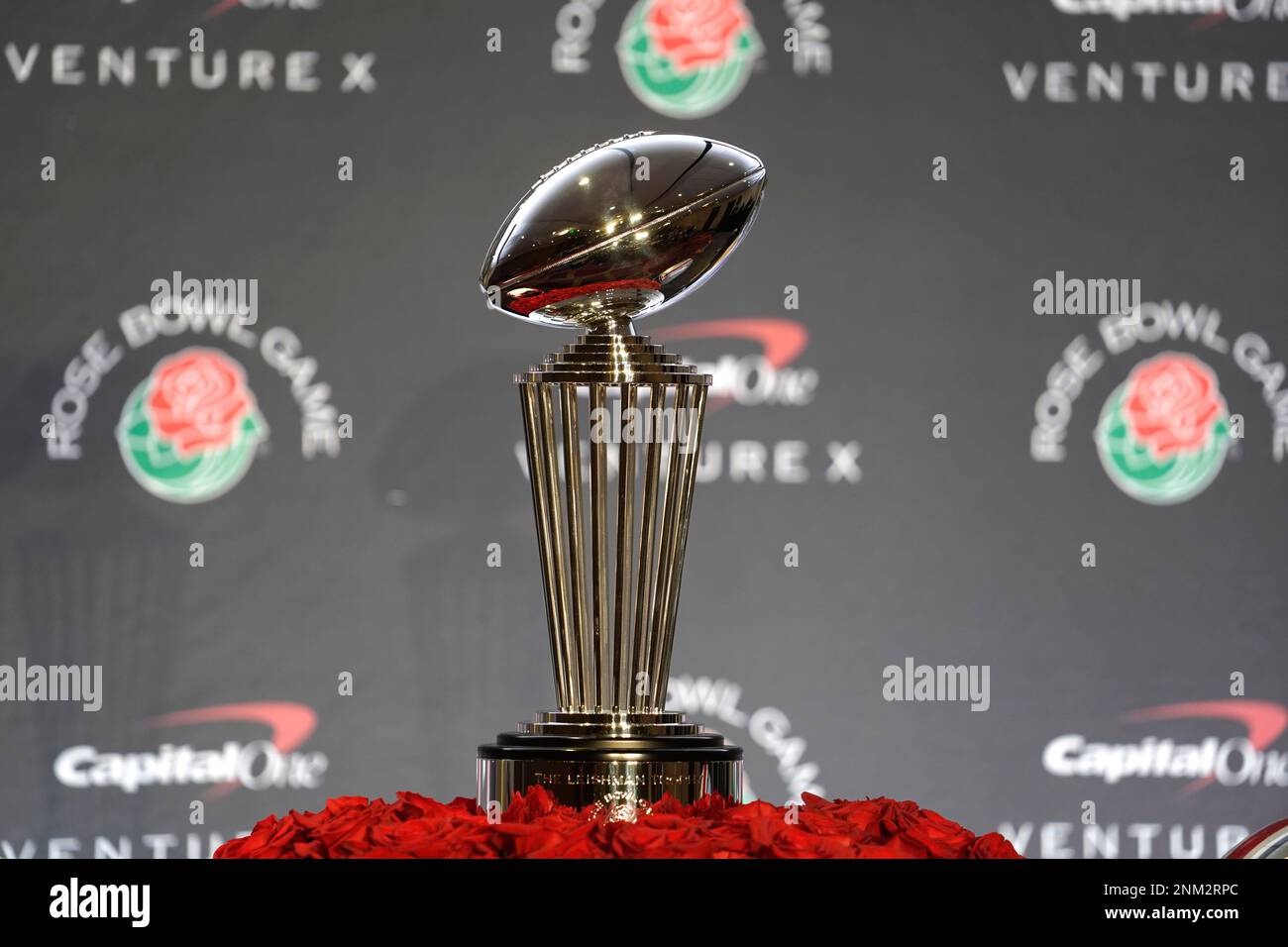 A look at the 106th Rose Bowl Game trophy at the media center in ...