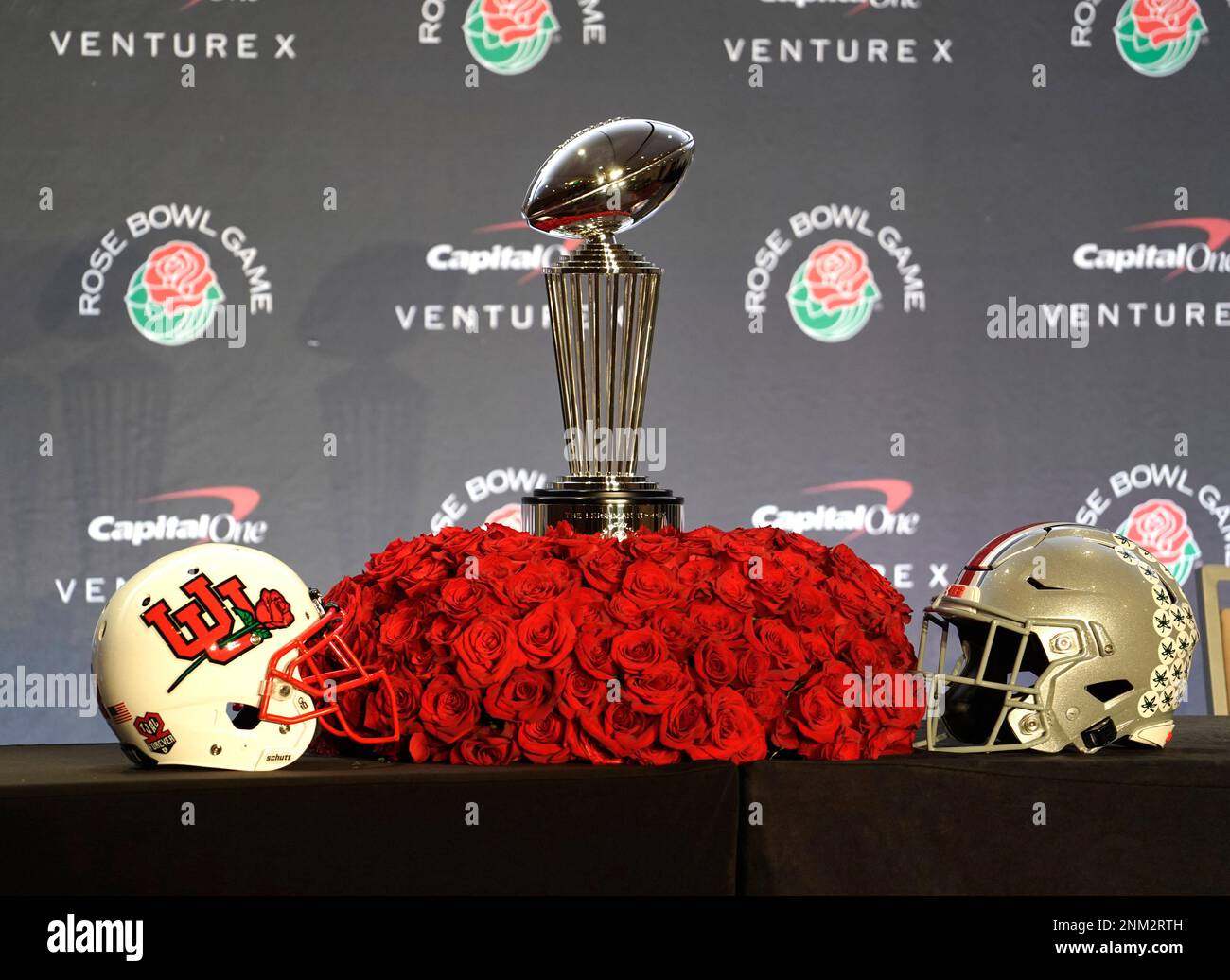 A look at the 106th Rose Bowl Game trophy at the media center in ...