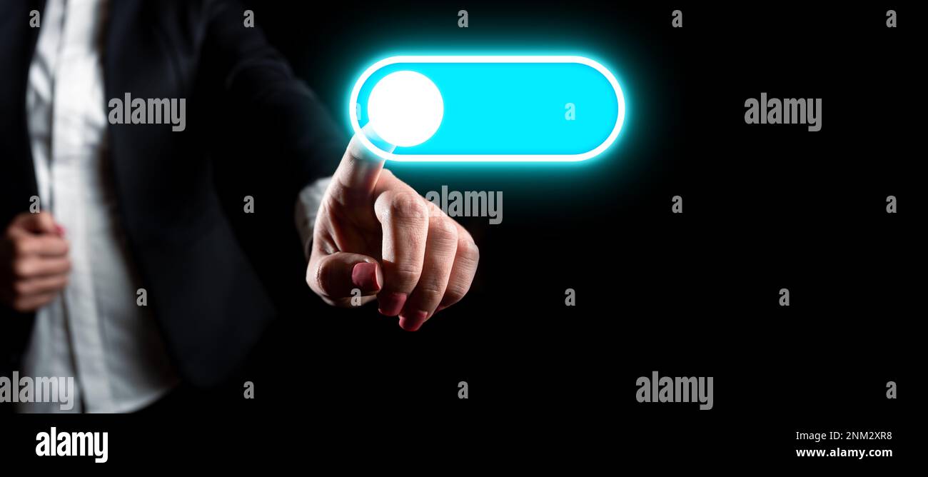 Lady In Suit Standing Pointing On virtual button. Showing Futuristic ...