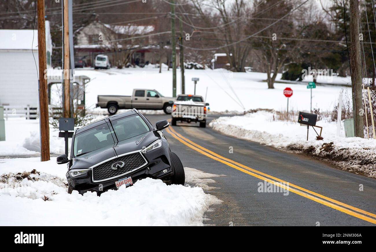 A vehicle remains in a ditch along Truslow Road in Stafford County, Va ...