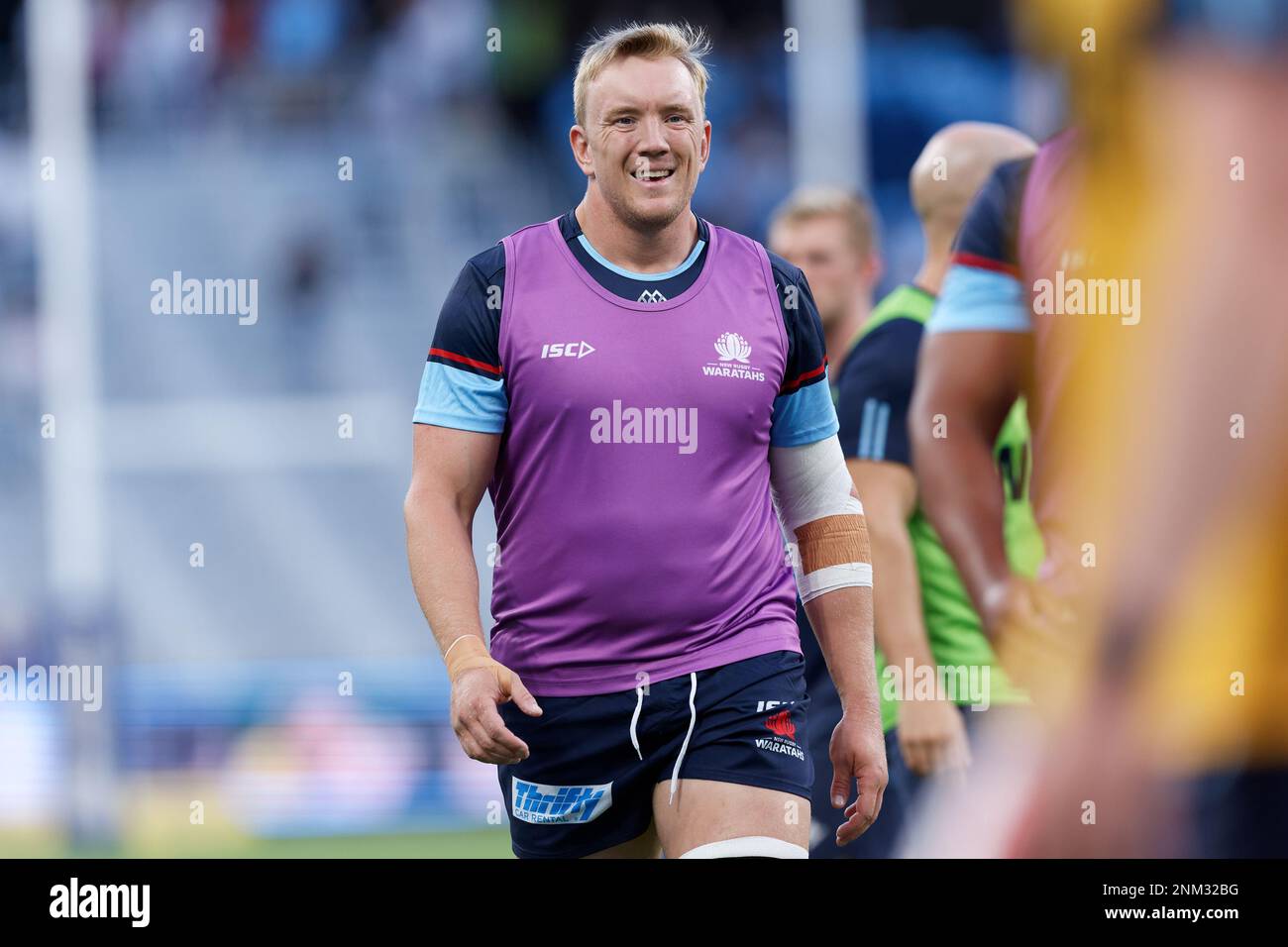 Hugh Sinclair of the Waratahs warms up before the Super Rugby Pacific match between Waratahs and ...