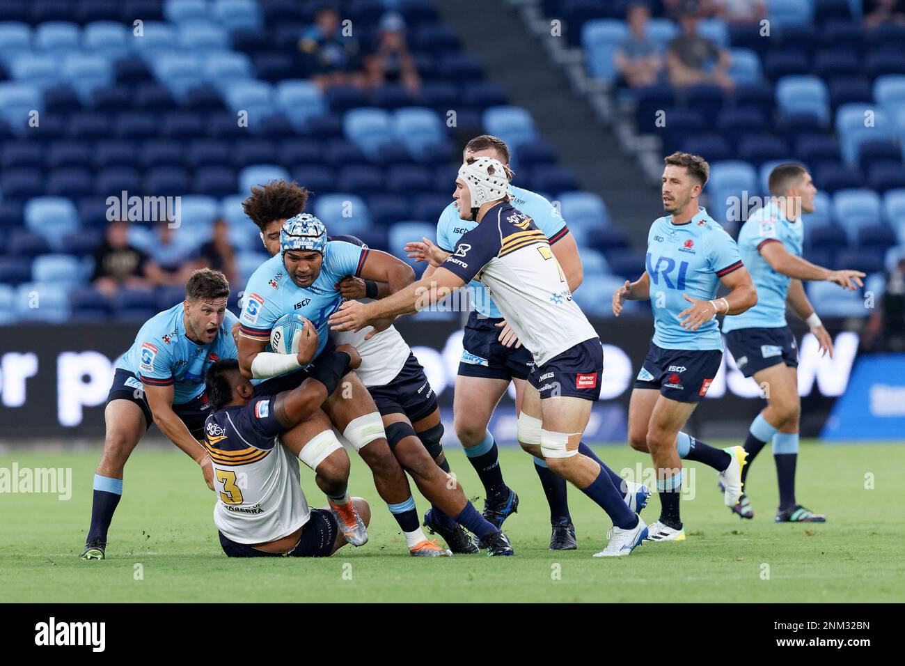 Taleni Seu of the Waratahs is tackled during the Super Rugby Pacific ...