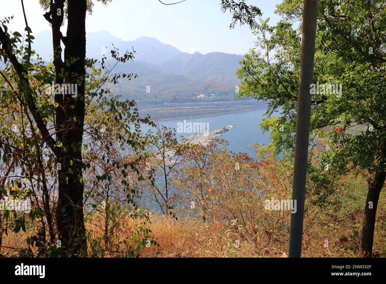 panoramic landscape view of beautiful river Narmada near the Statue of Unity in Gujarat in India ...