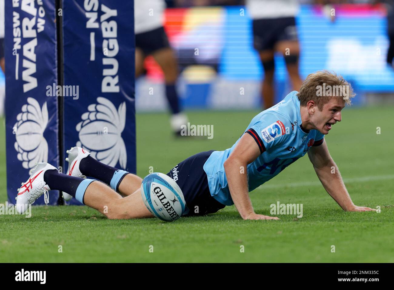 Max Jorgensen of the Waratahs scores a try during the Super Rugby ...