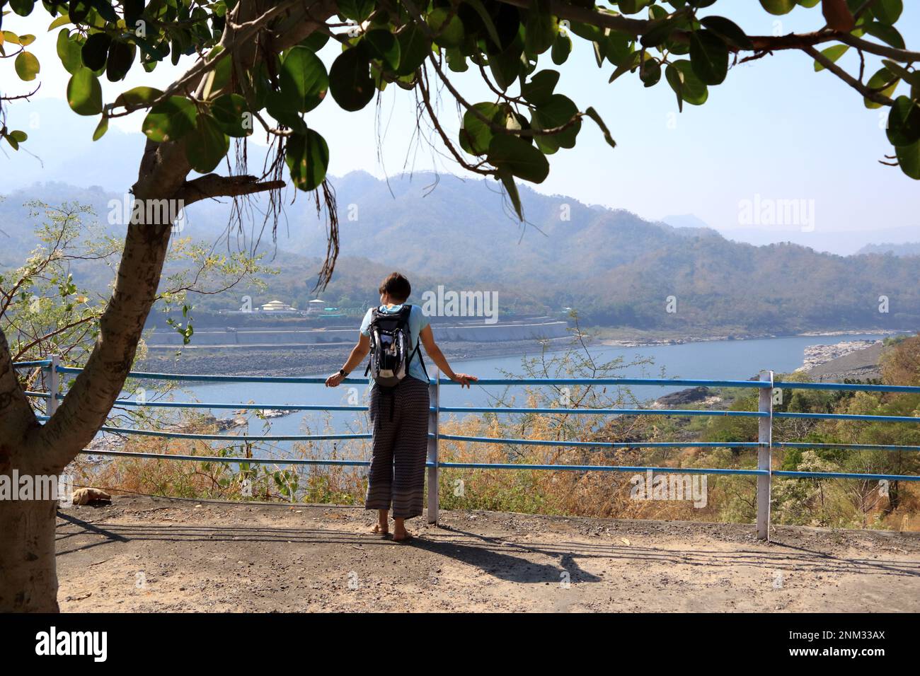 panoramic landscape view of beautiful river Narmada near the Statue of Unity in Gujarat in India ...