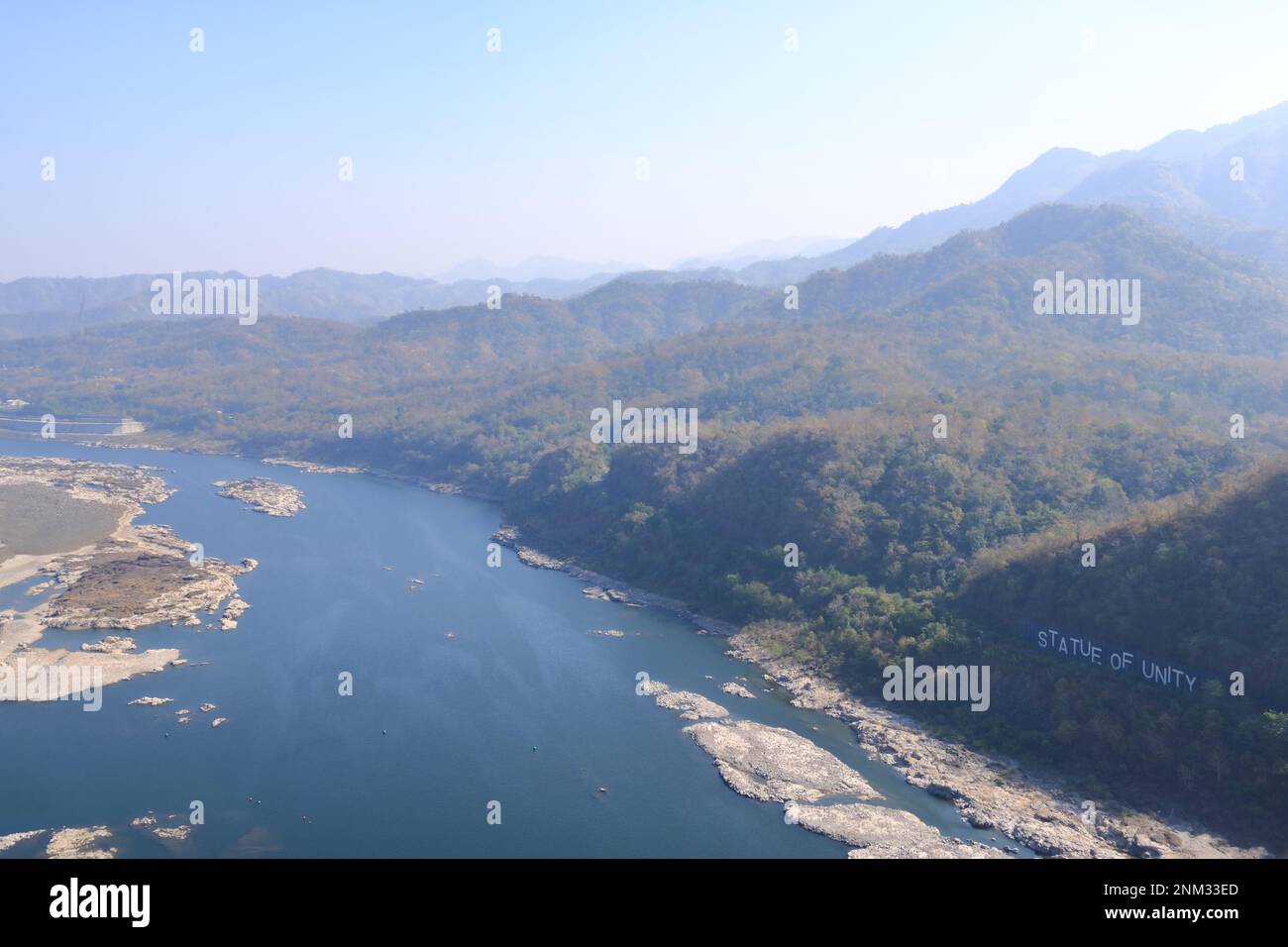 panoramic landscape view of beautiful river Narmada near the Statue of Unity in Gujarat in India ...
