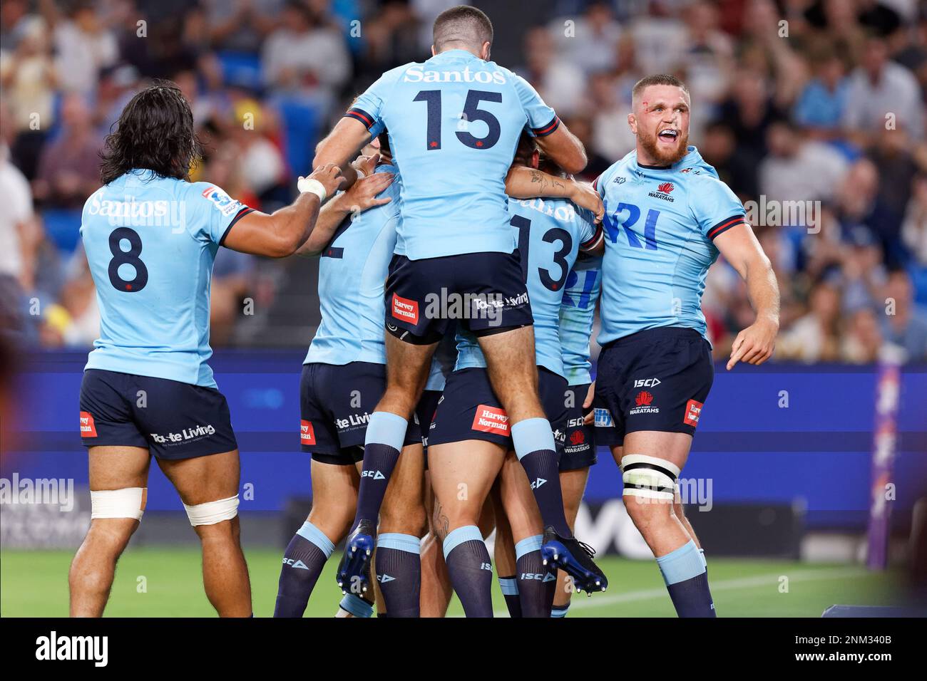 The Waratahs celebrate after scoring a try during the Super Rugby ...