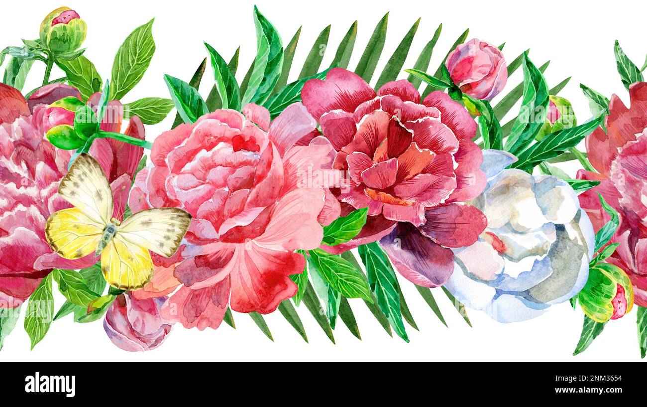 Watercolor flowers, seamless border. Floral illustration, Leaf and buds ...